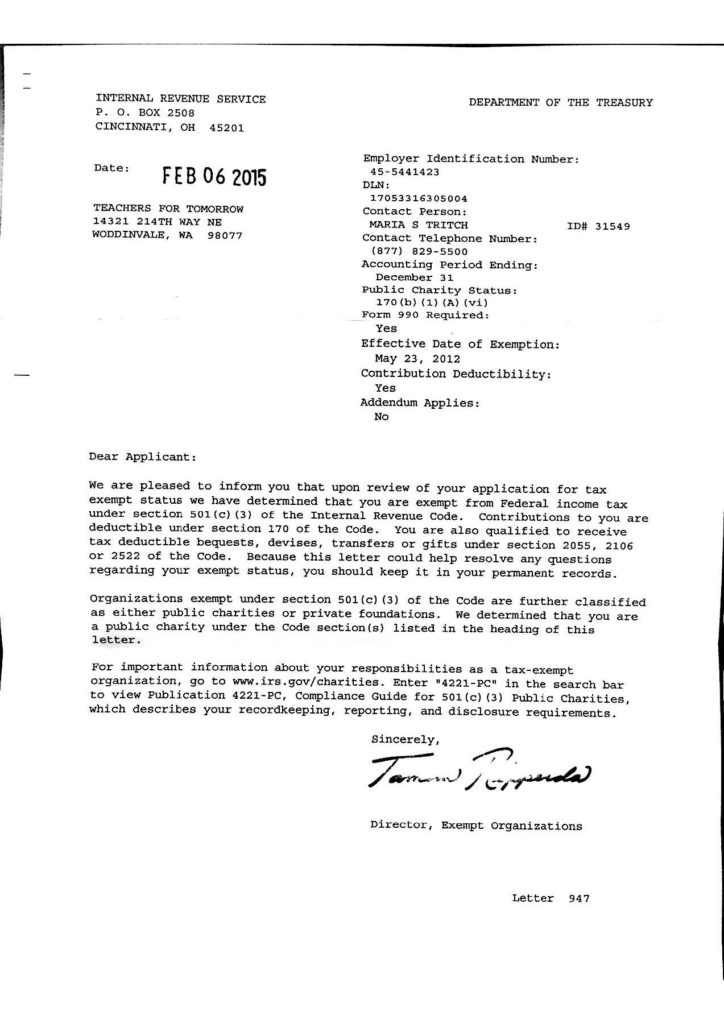 IRS Document - Teachers for Tomorrow Foundation